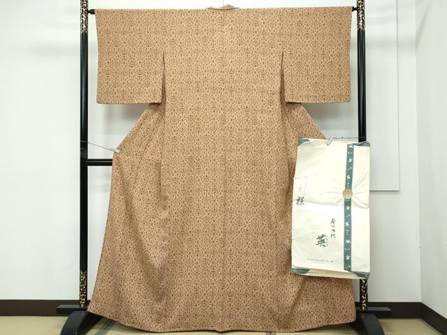 平和屋着物■極上　洗える最高級着物　＜英＞はなぶさ謹製　小紋　単衣　更紗唐草文　朽葉色地　たとう紙付き　逸品　CZAA4275s5