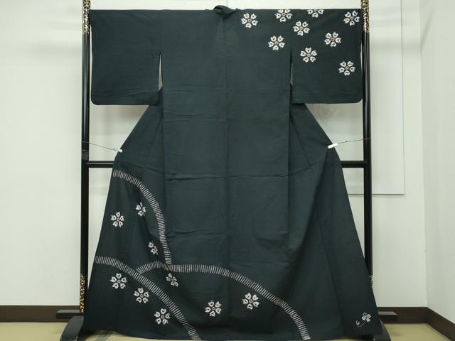 平和屋着物■極上　夏物　浴衣　有松鳴海絞り　訪問着　舞花文　黒地　綿　逸品　CZAA4325s5