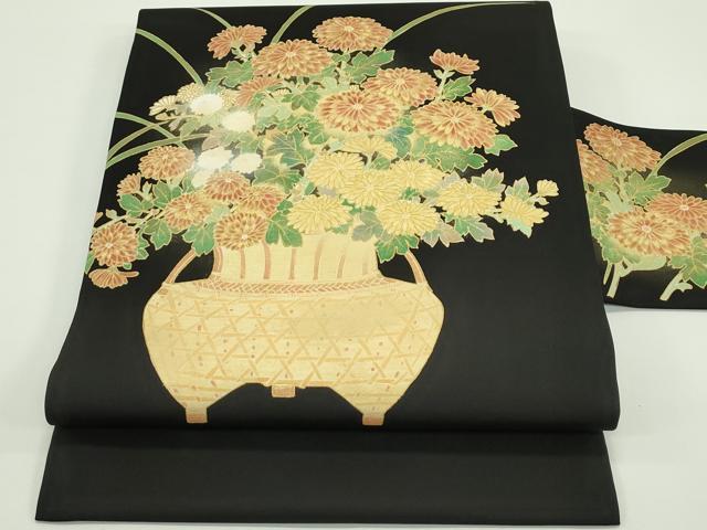 平和屋着物■極上　塩瀬　九寸名古屋帯　菊　黒地　金彩　逸品　未使用　CZAA4345s5