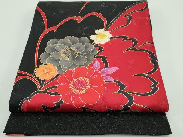 平和屋着物■極上　太鼓柄袋帯　草花文　黒地　銀通し地　逸品　CZAA4357s5