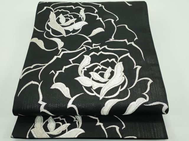 平和屋着物■極上　六通柄袋帯　薔薇　黒地　銀糸　逸品　CZAA4360s5