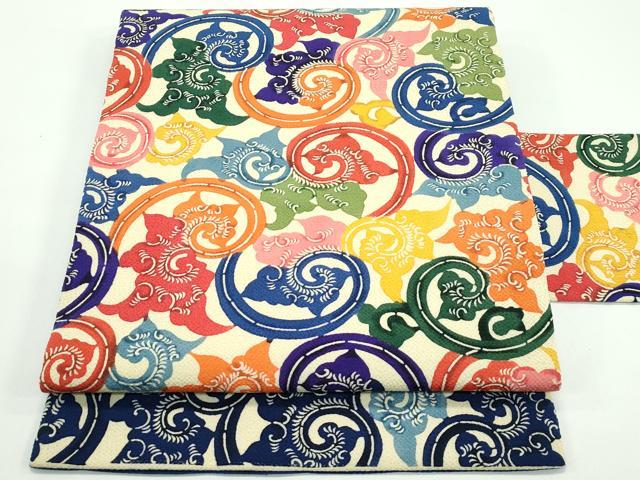 平和屋着物■極上　九寸名古屋帯　型染め　唐草文　鬼しぼ縮緬　逸品　未使用　CZAA4367s5