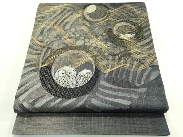 平和屋着物■極上　名門　しょうざん　生紬　紙屋川伝承　絹漉貴　太鼓柄袋帯　梟　月　金糸　逸品　CZAA4374s5