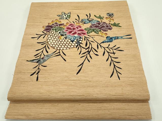 平和屋着物■極上　本場琉球紅型　八寸名古屋帯　紬地　花籠飛鳥文　杏色地　逸品　CZAA4398s5