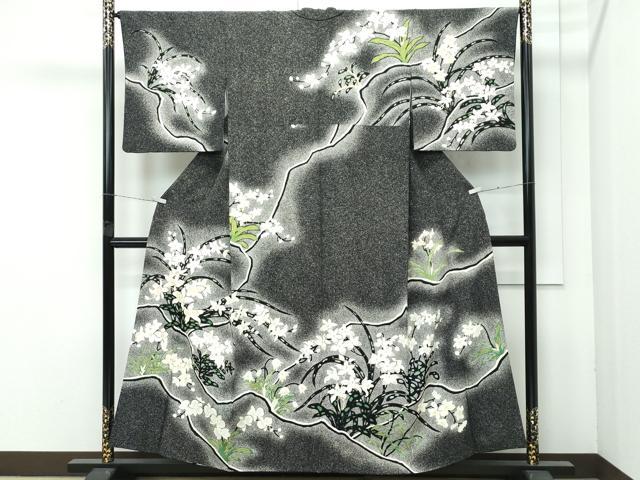 平和屋本店●極上　京都染匠名門　染の川勝謹製　訪問着　草花文　たたき染め　黒地　金彩　逸品　CZAA4628s6