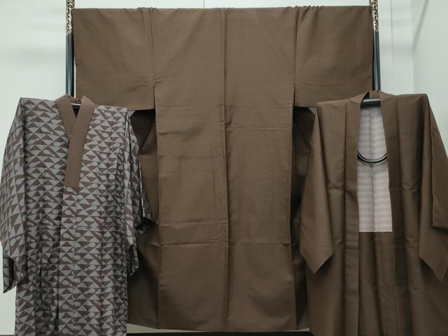 平和屋本店●極上　男性　紬　アンサンブル・長襦袢セット　色無地　涅色　逸品　CZAA4710s6