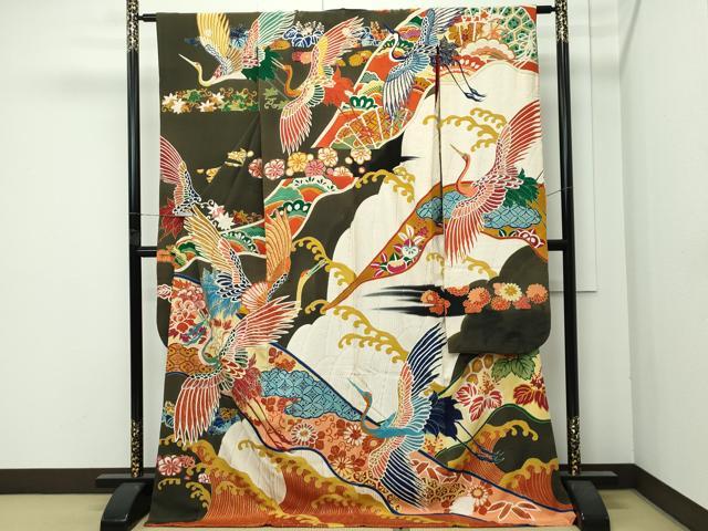 平和屋本店●極上　アンティーク　大正ロマン　振袖　駒刺繍　立波飛鶴花文　金銀糸　逸品　CZAA4718s6