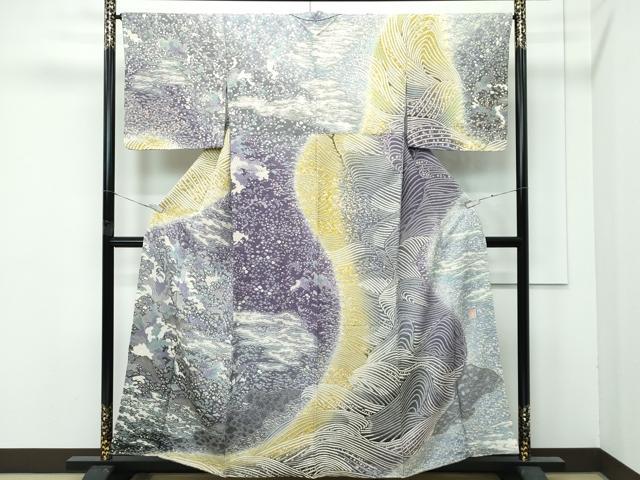 平和屋本店●極上　十日町　名門　滝泰謹製　訪問着　絞り　立波霞文　暈し染め　金通し地　反端付き　逸品　CZAA4761s6