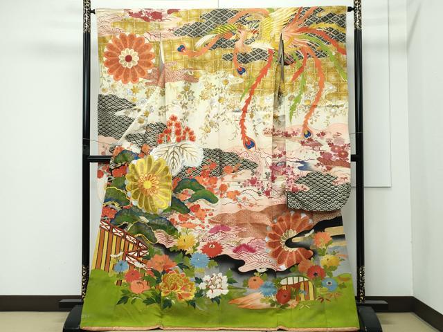 平和屋本店●極上　アンティーク　大正ロマン　振袖　刺繍　風景鳳凰花文　暈し染め　金銀糸　逸品　CZAA4769s6