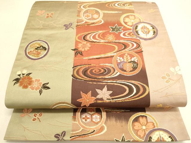 平和屋着物○九寸名古屋帯 紅型 独楽 枝花文 鬼しぼ縮緬 正絹 逸品