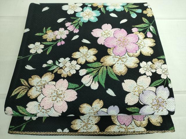 平和屋着物●六通柄袋帯　唐織　枝垂れ桜　黒地　金糸　正絹　逸品　DAAP1621ic
