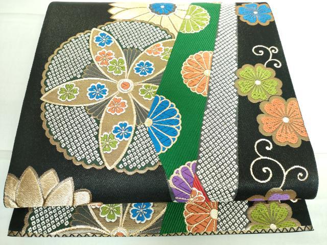 平和屋着物●西陣　じゅらく謹製　六通柄袋帯　唐織　舞花文　黒地　金糸　正絹　逸品　DAAP1632ic