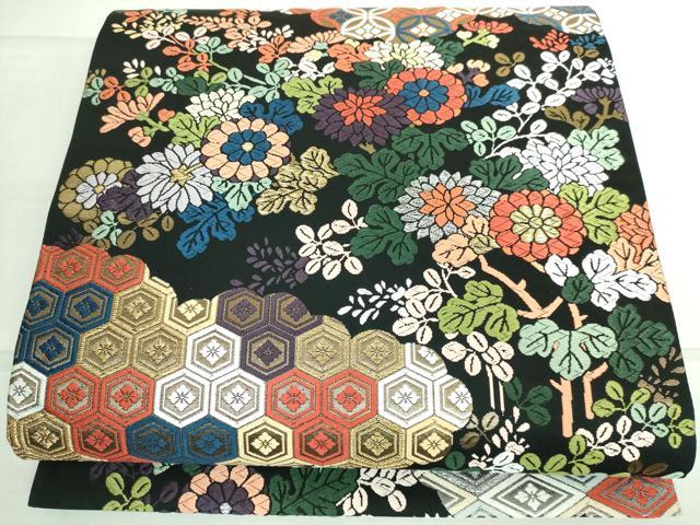 平和屋着物●六通柄袋帯　唐織　菊畑源氏雲　黒地　金銀糸　正絹　逸品　DAAP1662ic