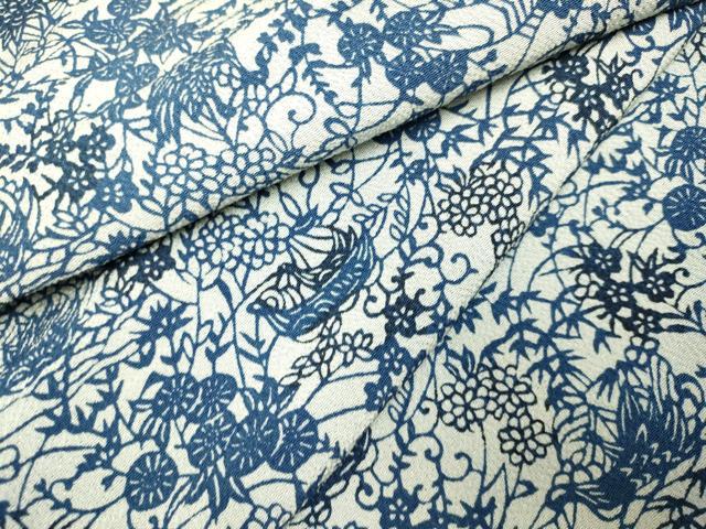 平和屋着物▽本藍　型絵染　小紋　単衣　花鳥文　鬼しぼ縮緬　正絹　逸品　DAAP7417du