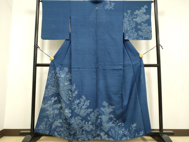 平和屋着物▽訪問着　単衣　藍　紬地　刺繍　草花文　正絹　逸品　DAAP7449du