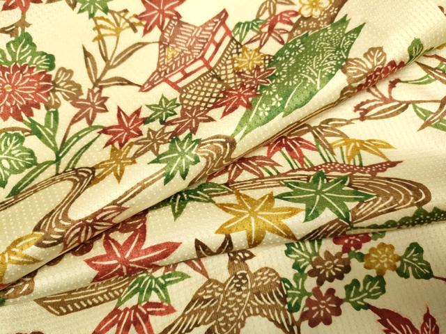 平和屋着物▽上質な小紋　単衣　型染　流水風景花鳥文　正絹　逸品　DAAP7476du