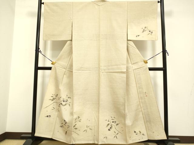 平和屋着物▽訪問着　単衣　作家物　紬地　手描き　茄子　枝葉文　金彩　正絹　逸品　DAAP7505du