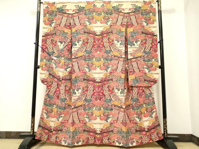 平和屋着物●豪華振袖　型染　几帳草花文　鬼しぼ縮緬　正絹　逸品　DAAP7857yyy