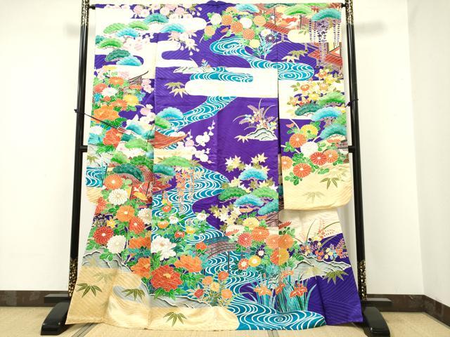 平和屋着物●豪華振袖　駒刺繍　風景渡橋花文　金彩　正絹　逸品　DAAP7876yyy