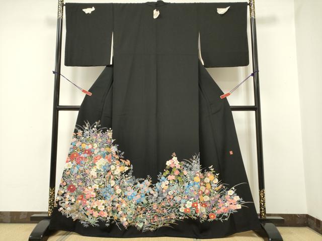 平和屋本店□希少 お召 苔里衣 かつやま織物謹製 極細柄紋織 あけぼの