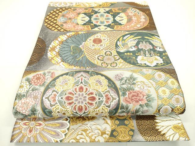 平和屋着物●六通柄袋帯　唐織　伊豆蔵賢三　吉祥花鳥丸文　金銀糸　引箔　反端付き　正絹　逸品　DAAQ2485fe