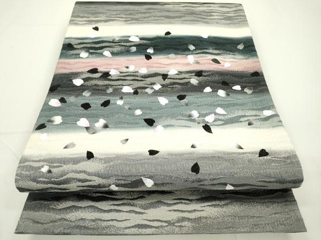 平和屋着物●両面　全通柄袋帯　舞花　銀通し地　正絹　逸品　DAAQ2489fe