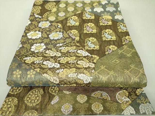 平和屋着物●六通柄袋帯　櫛織り　裂取更紗文　金糸　正絹　逸品　DAAQ2689ps