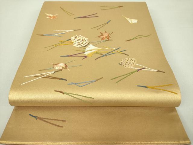 平和屋着物●太鼓柄袋帯　唐織　吹き寄せ文　金糸　正絹　逸品　未使用　DAAQ2744ps