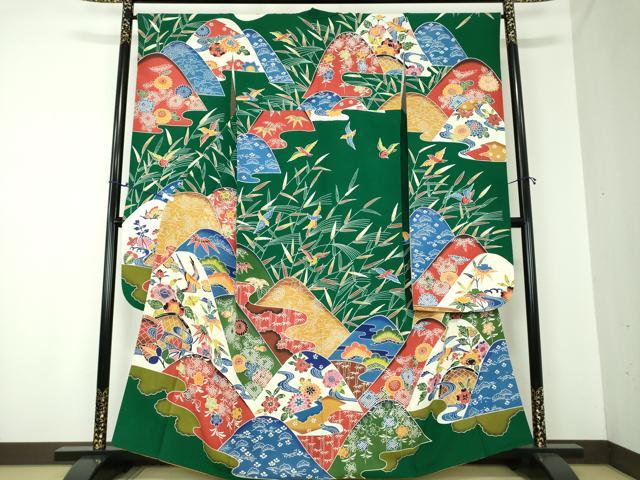 平和屋着物●豪華振袖　型染　遠山花鳥文　正絹　逸品　DAAQ2806ps