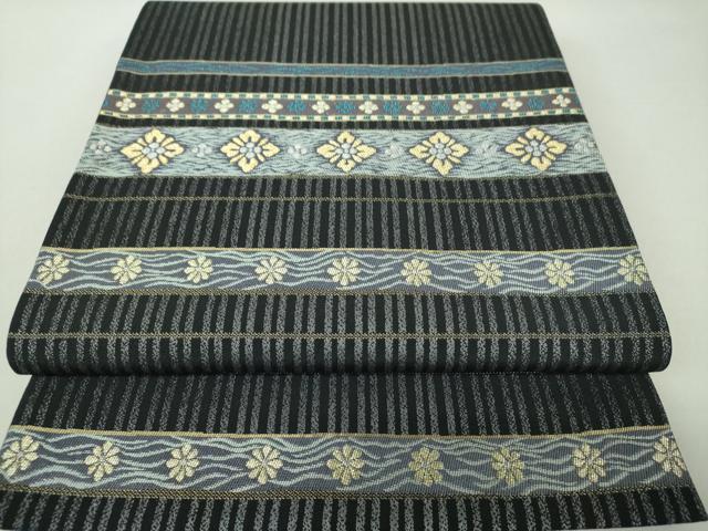 平和屋着物●六通柄袋帯　繭玉　横段花文　黒地　金糸　正絹　逸品　DAAQ2818ps