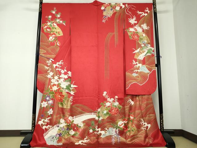 平和屋着物●豪華振袖　駒刺繍　立波地紙飛鶴花文　金彩　正絹　逸品　DAAQ2862ps