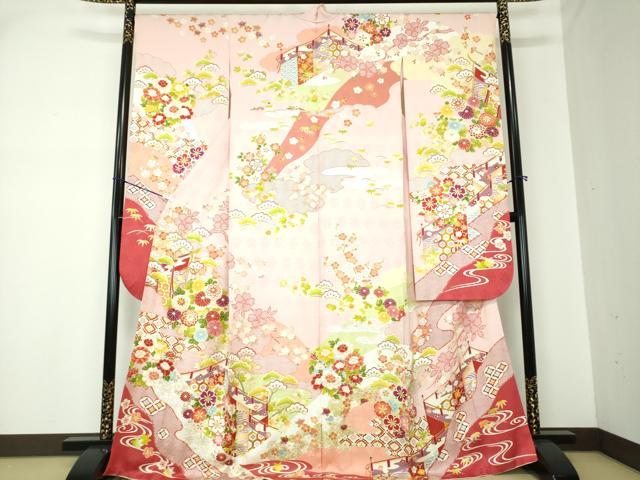 平和屋着物●豪華振袖　駒刺繍　幔幕吉祥花文　金彩　正絹　逸品　DAAQ2927ps