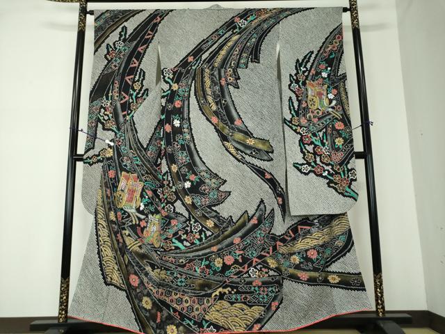 平和屋着物●豪華振袖　絞り　御所車花熨斗文　黒地　金銀彩　やまと誂製　正絹　逸品　DAAQ2941ps
