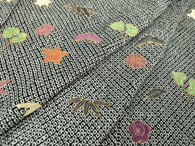 平和屋着物●訪問着　駒刺繍　総刺繍　絞り　松竹梅　黒地　金糸　正絹　逸品　未使用　DAAQ2947ps