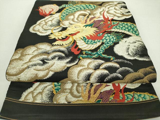 平和屋着物●アンティーク　大正ロマン　九寸開き名古屋帯　飛龍　黒地　金銀糸　正絹　逸品　DAAQ3026ps
