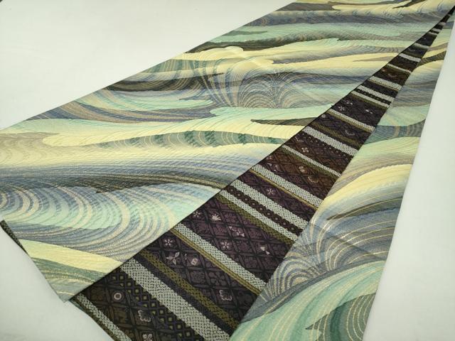 平和屋着物●両面　全通柄袋帯　ふくれ織　霞文　金糸　さが美扱い　正絹　逸品　DAAQ3062ps