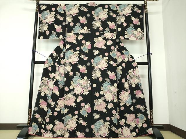 平和屋着物●上質な小紋　乱菊　黒地　正絹　逸品　未使用　DAAY1338ps