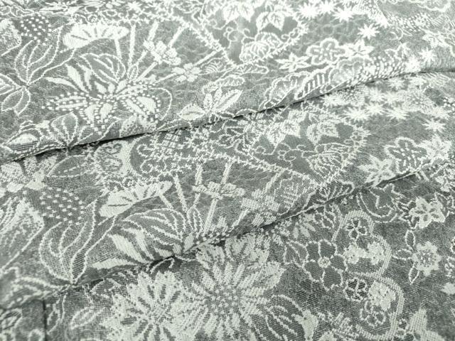 平和屋着物●上質なお召　天目織　檜扇花文　正絹　逸品　DAAQ3123ps