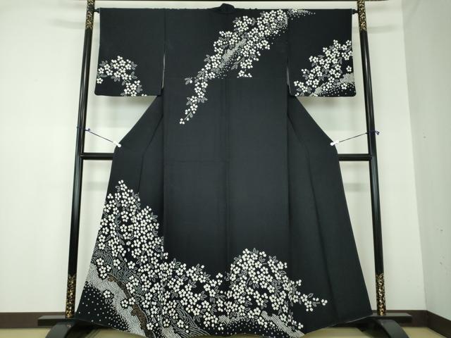 平和屋着物●訪問着　総絞り　流水花文　黒地　金彩　正絹　逸品　DAAQ3163ps