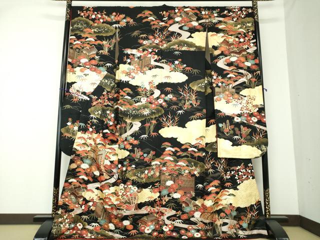 平和屋着物●豪華振袖　駒刺繍　雲取り御所車風景花文　黒地　金彩　正絹　逸品　DAAQ3194ps