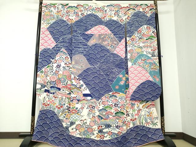 平和屋着物●豪華振袖　型染　流水風景花文　正絹　逸品　DAAQ3196ps