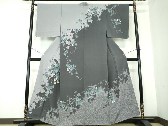 平和屋着物●訪問着　手描き　蔦の葉花文　シルエット　銀彩　正絹　逸品　未使用　DAAQ3229ps