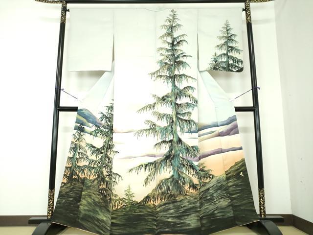 平和屋着物●訪問着　作家物　手描き　樹林水辺風景　暈し染め　正絹　逸品　DAAQ3260ps