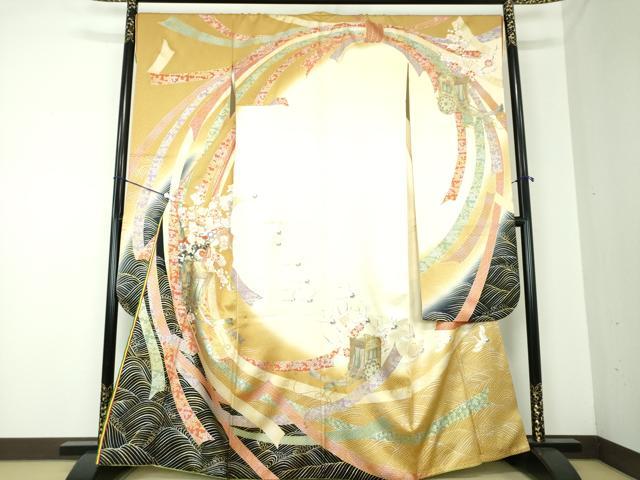 平和屋着物●ブライダルファッションデザイナー・桂由美　振袖　束ね熨斗御所車飛鶴花文　暈し染め　金銀彩　正絹　逸品　DAAQ3262ps