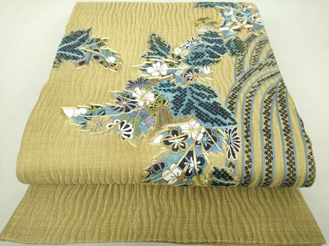 平和屋着物▽太鼓柄袋帯　スリーシーズン帯　春　夏　秋　駒刺繍　総刺繍　櫛織り　草花文　金糸　正絹　逸品　DAAQ3304ps