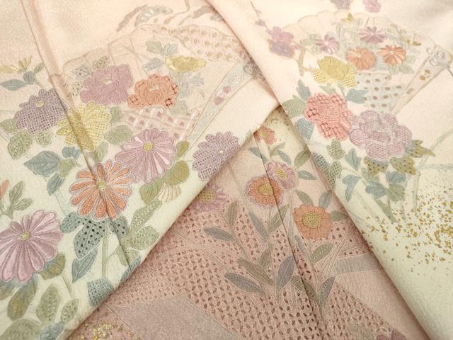 平和屋着物●中国三大刺繍　スワトウ相良刺繍　汕頭相良刺繍　総刺繍　訪問着　檜扇花文　暈し染め　金彩　正絹　逸品　DAAQ3332ps