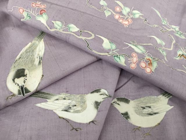 平和屋着物●訪問着　紬地　手描き　花鳥文　銀彩　正絹　逸品　DAAQ3358ps