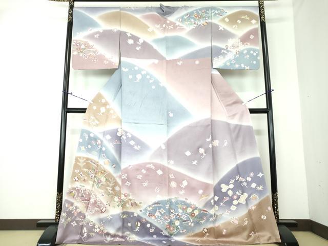 平和屋着物●訪問着　駒刺繍　宝尽くし花文　暈し染め　金彩　ロング丈　正絹　逸品　DAAQ3417ps