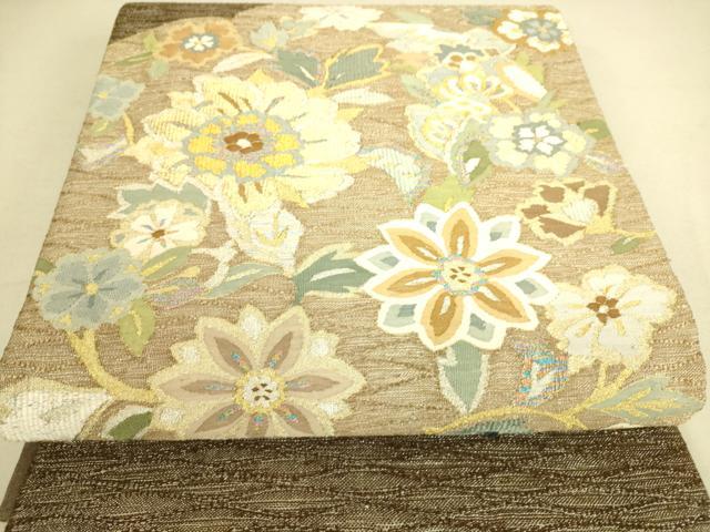 平和屋着物●太鼓柄袋帯　紬地　洋花文　すくい織　金銀糸　正絹　逸品　DAAQ3653az