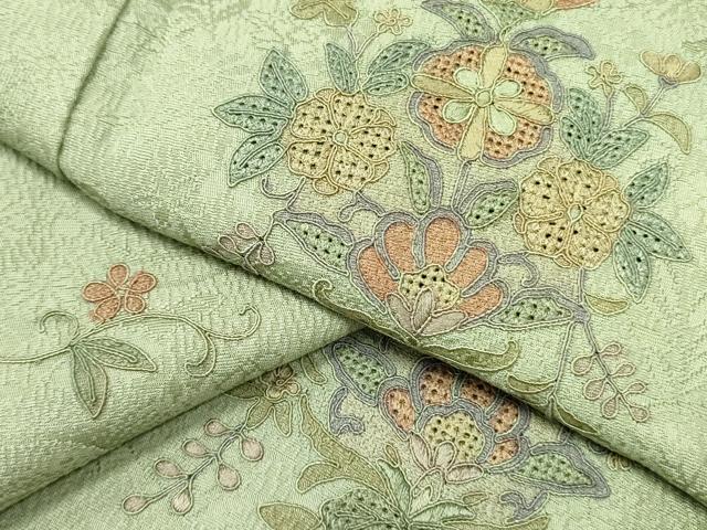 平和屋着物●中国三大刺繍　スワトウ刺繍　汕頭刺繍　総刺繍　訪問着　草花文　利休鼠色　正絹　逸品　DAAR0096yyy